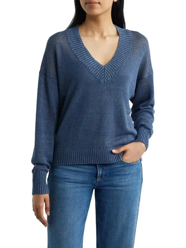 Madewell Arline Linen V-neck Pullover - Petrol Navy