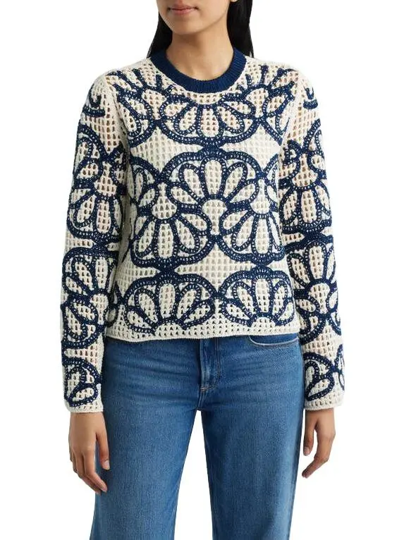 Madewell Rhoda Floral Embroidered Open Stitch Sweater - Navy Floral Embroidery