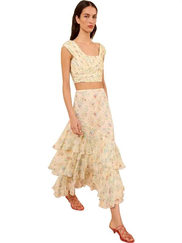Ulla Johnson Meadow Tiered Ruffle Silk Midi Skirt - Moon Petal