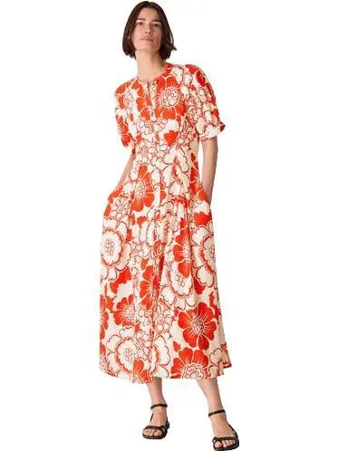 Whistles Short Sleeve Floral Midi Dress - Red/multi