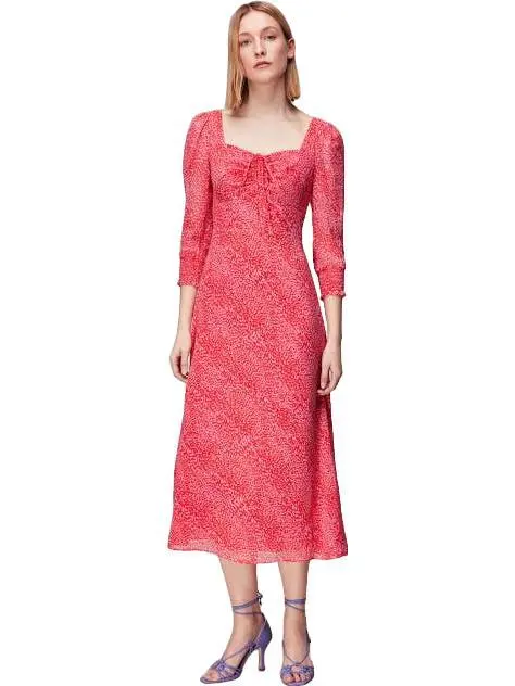 Whistles Diagonal Leopard Print Midi Dress With 3/4 Sleeves - Pink/multi