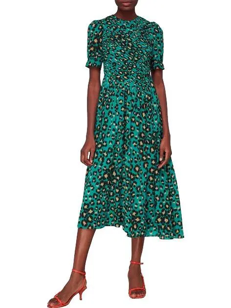 Whistles Painted Leopard Shirred Midi Dress - Green/multi