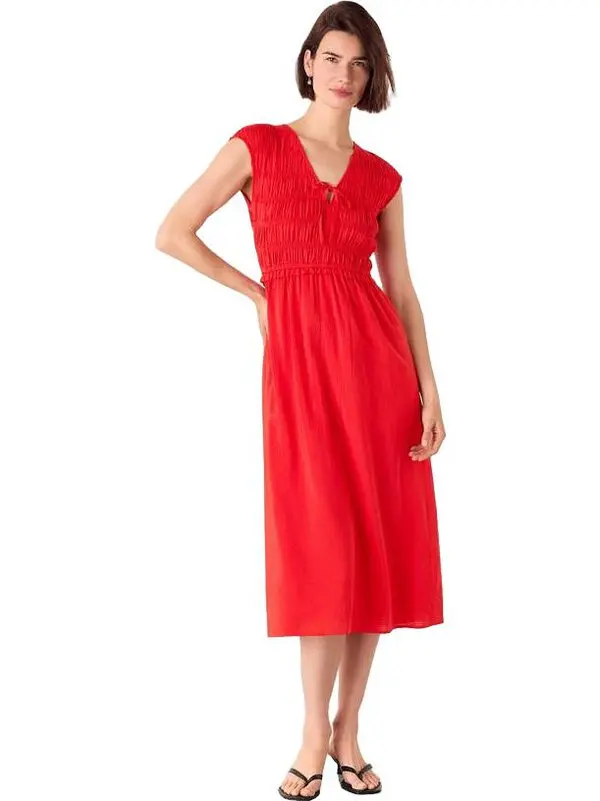 Whistles Shirred Bodice V-neck Midi Dress - Red