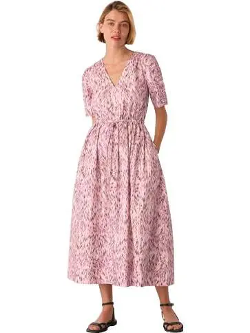 Whistles Short Sleeve V-neck Printed Midi Dress - Pink/multi