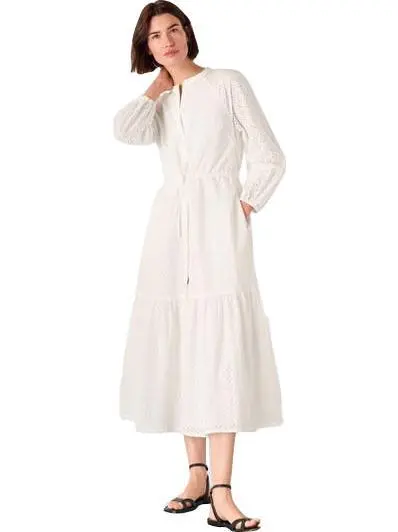 Whistles Long Sleeve Broderie Midi Dress - White