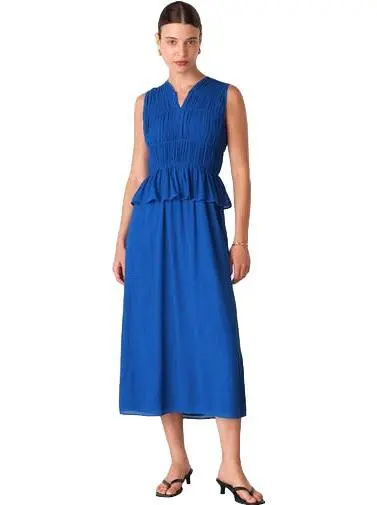 Whistles Sleeveless Shirred V-neck Midi Dress - Cobalt Blue