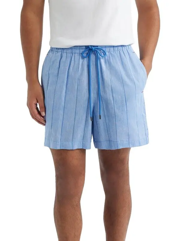 Daniel Buchler Pinstripe Cotton & Linen Pajama Shorts - Blue