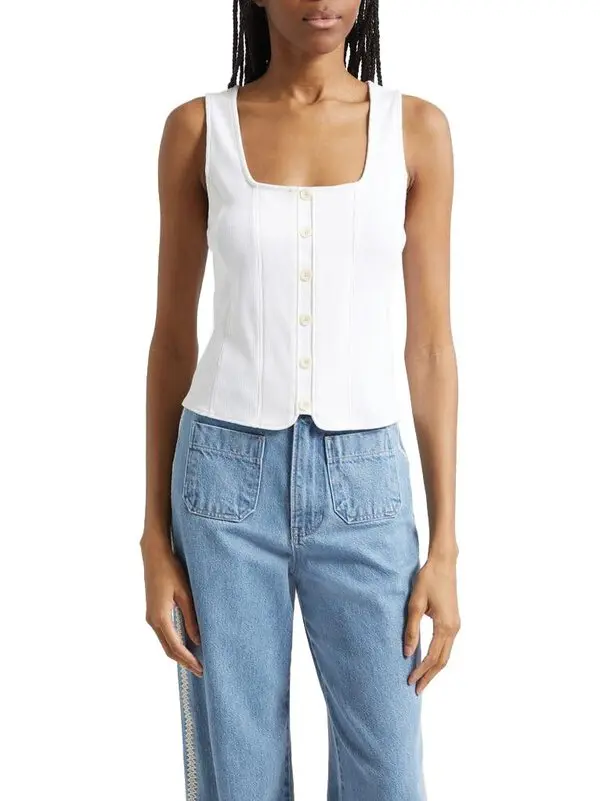 Veronica Beard Quenby Stretch Cotton Square Neck Tank - White