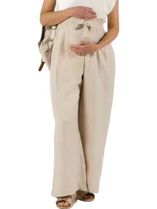 CACHE COEUR Maternity Twill Wide Leg Pants - Beige