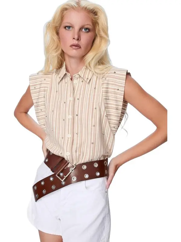 THEO THE LABEL Astraea Embellished Sleeveless Shirt - Sand/silver
