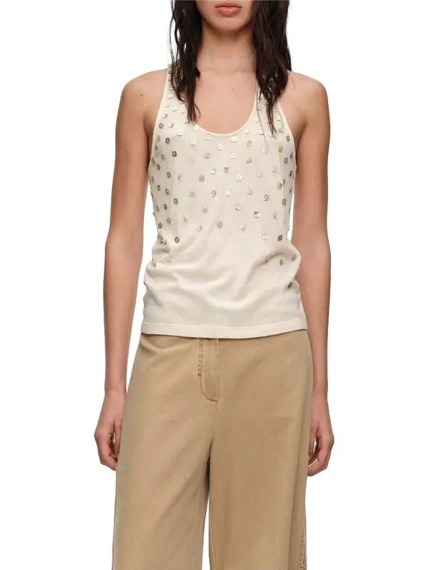 Bimba Y Lola Lurex Blend Racerback Top With Mother-of-pearl Embellishments - Beige