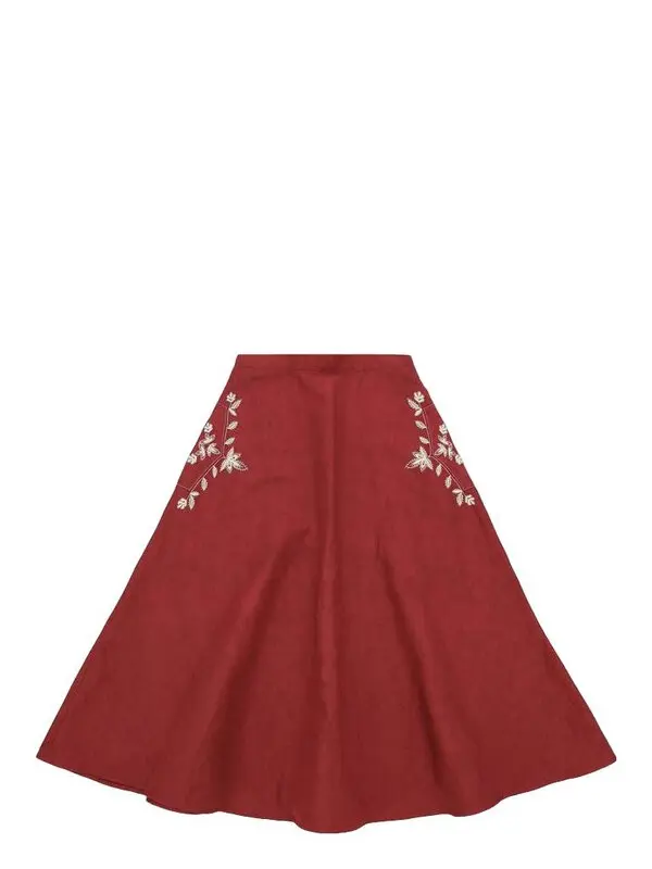 FORTELA Embroidered Linen Blend Skirt - Burgundy
