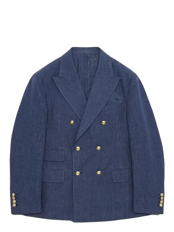 FORTELA Double-breasted Linen Blazer - Blue