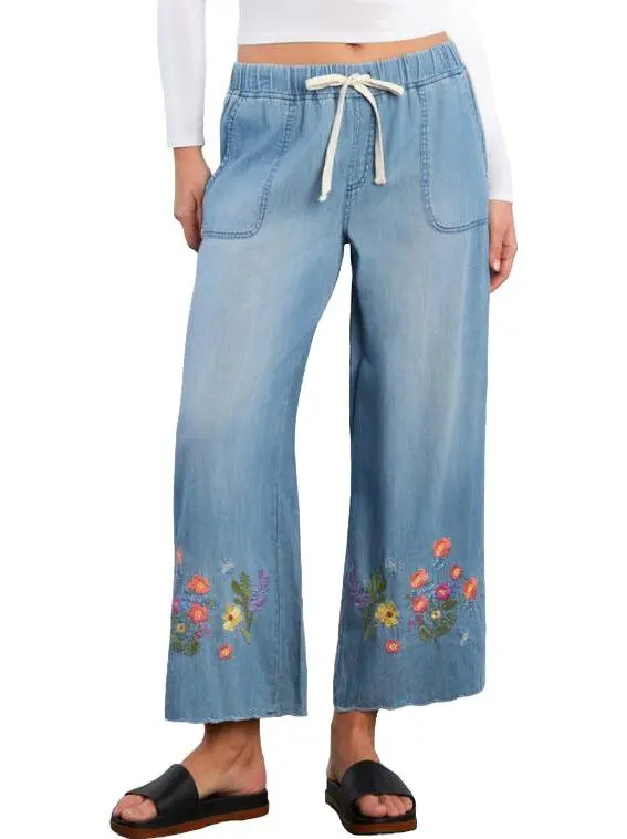 BILLY T Floral Chain Embroidery Crop Denim Pants - Pure Denim
