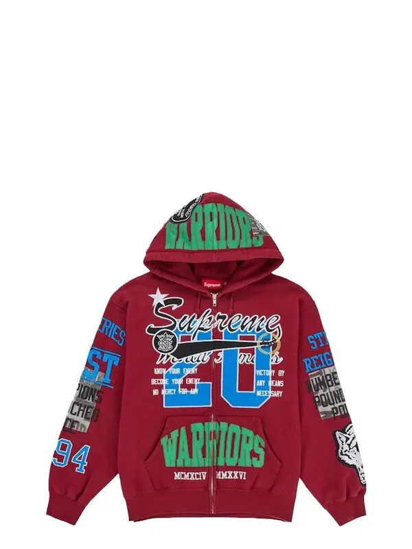 Supreme Warriors Applique Zip Up Hooded Sweatshirt - Red
