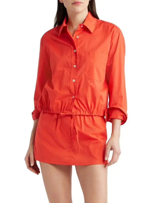 CISSA Cotton Button-up Shirt With Drawstring Hem - Poppy Red
