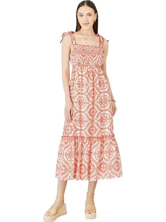 YUMI Ruched Tie Strap Midi Sun Dress - Red