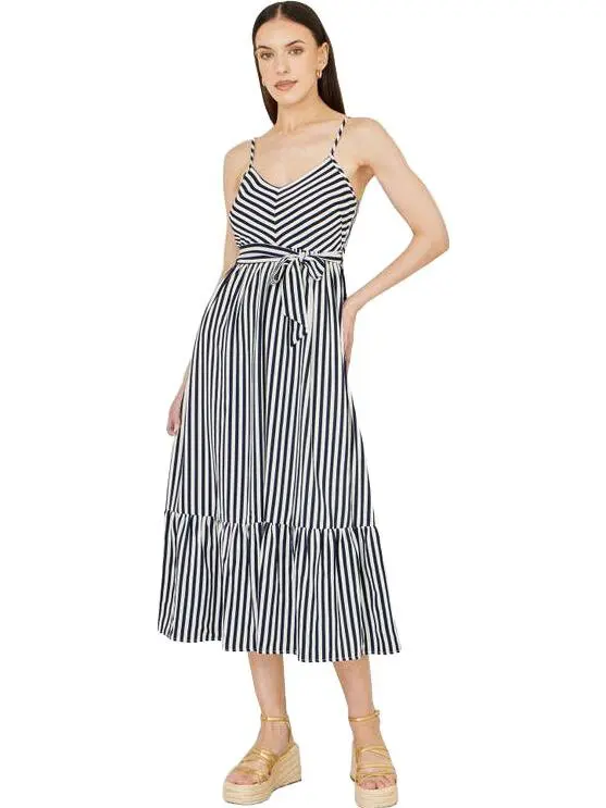YUMI Striped Midi Dress With V-neck And Tie Waist - Navy