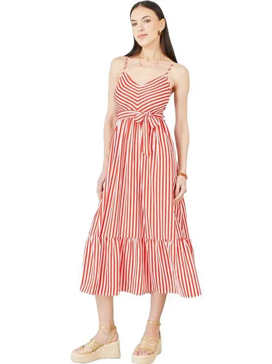YUMI Striped Midi Dress With V-neck And Tie Waist - Red