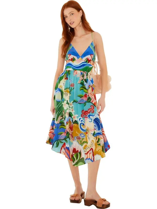 Farm Rio Multicolor Garden Of Life Back Ties Midi Dress - Garden Of Life Multicolor