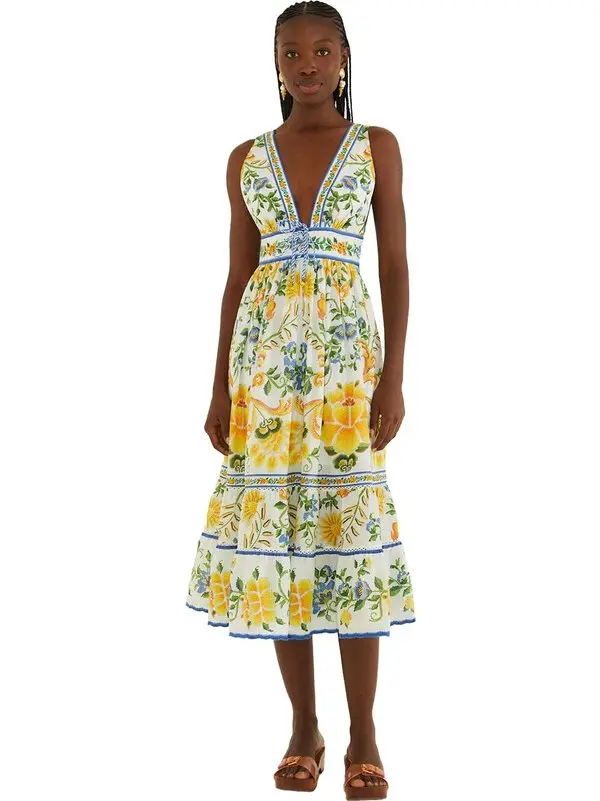 Farm Rio Off-white Emily Floral Tapestry Midi Dress With Rope Ties - Emily Floral Tapestry Off-white