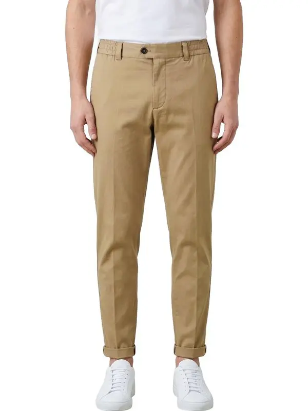 PT TORINO Slim Fit Chino Trousers In Linen And Cotton Blend With Belt Loops - Beige