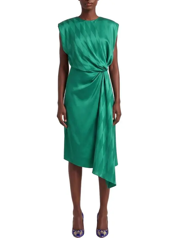 Versace Sleeveless Asymmetrical Midi Dress In Silk And Viscose Satin - Emerald