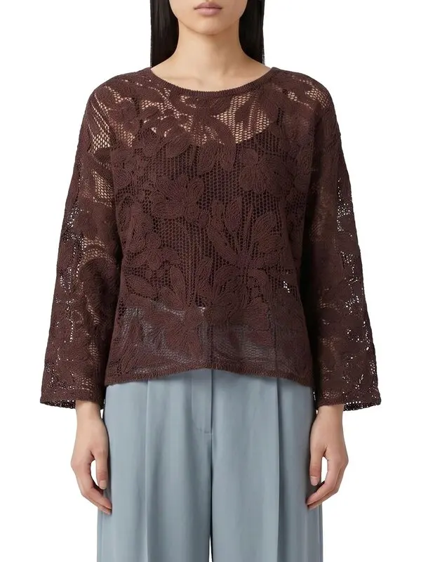 KANGRA Crochet Cotton Knit Top - Brown