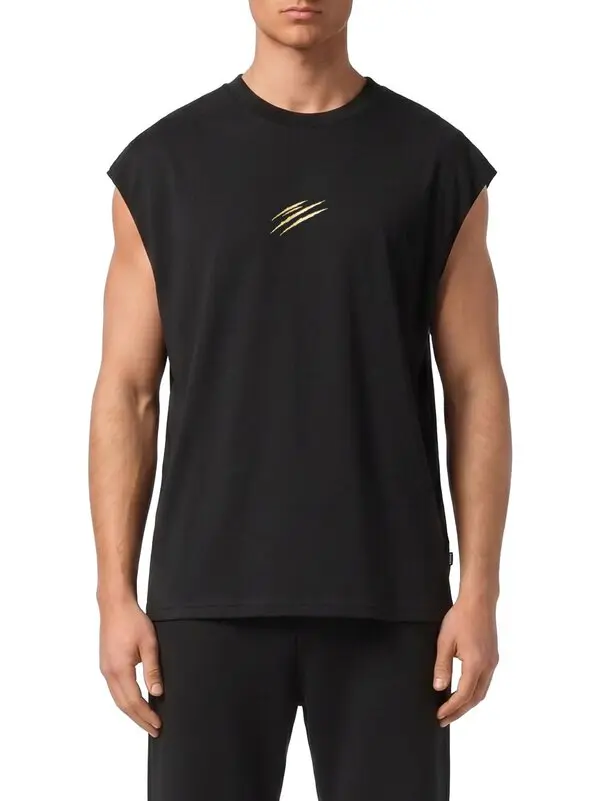 PLEIN SPORT Graphic Print Sleeveless Cotton Tank Top - Black