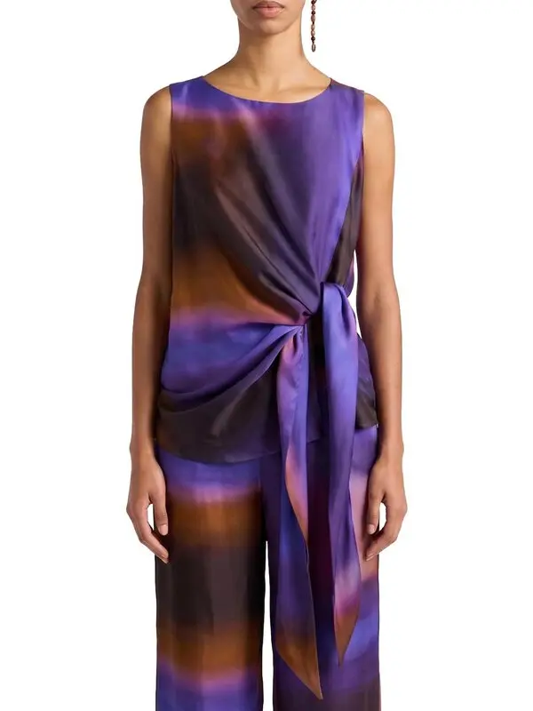 Momoni Sleeveless Viscose Top With Abstract Pattern And Draped Design - Multicolor