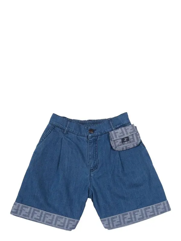 FENDI JR Denim Shorts With Monogram Detail - Blu