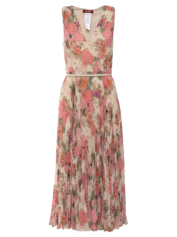 Max Mara Emery Floral Pleated Midi Dress - White