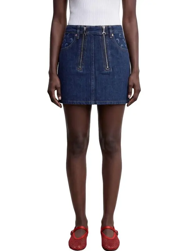 MARINE SERRE Mini Denim Skirt With Monogram Print - Blue