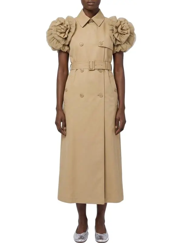 Max Mara Linen Double-breasted Trench Coat With Ruffle Sleeves - Sand