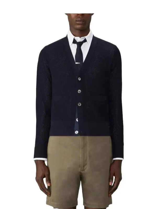 Thom Browne Waffle-knit Wool Cardigan - Navy Blue