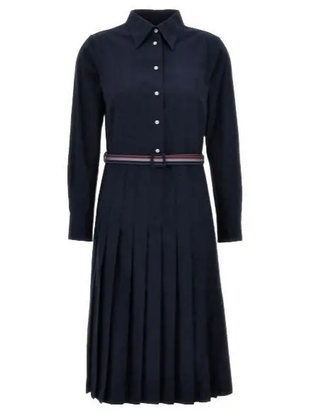 Thom Browne Belted Pleated Midi Shirt Dress - Blue