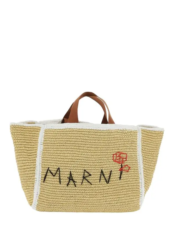 Marni Logo Detailed Woven Tote Bag - Nude
