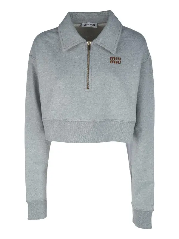 Miu Miu Cropped Long Sleeve Polo Shirt With Half Zipper - Grey