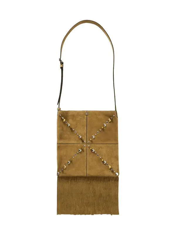 Valentino Garavani Suede Shoulder Bag With Fringes And Studs - Brown
