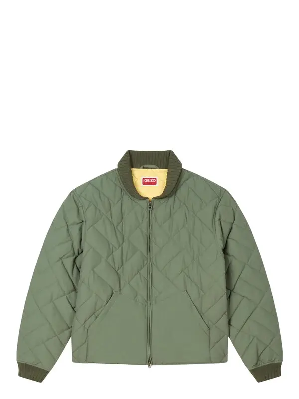 Kenzo Zip-up Down Jacket With Metallic Logo And Quilted Design - Green