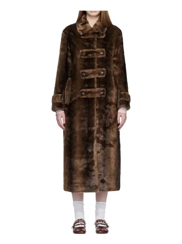 OPEN YY Faux Fur Coat With Notched Lapel And Button Details - Brown