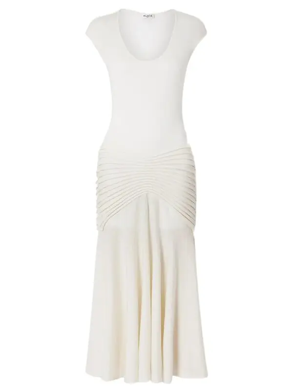 Alaïa Pleated Short Sleeve Dress - White