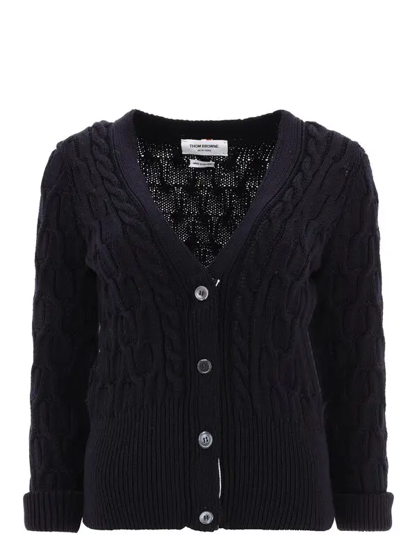 Thom Browne Cable Knit V-neck Cardigan With Signature Striped Trim - Blue
