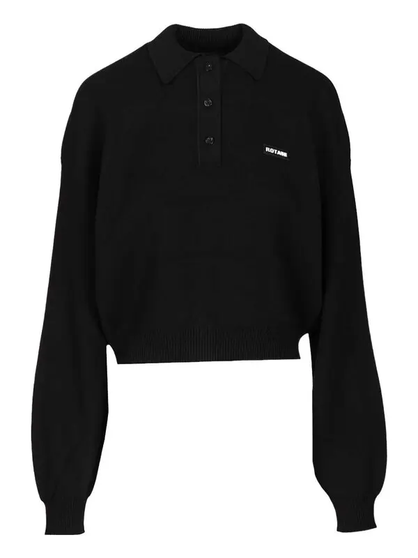 ROTATE BY BIRGER CHRISTENSEN Long Sleeve Cropped Knit Polo Shirt With Logo Patch - Black
