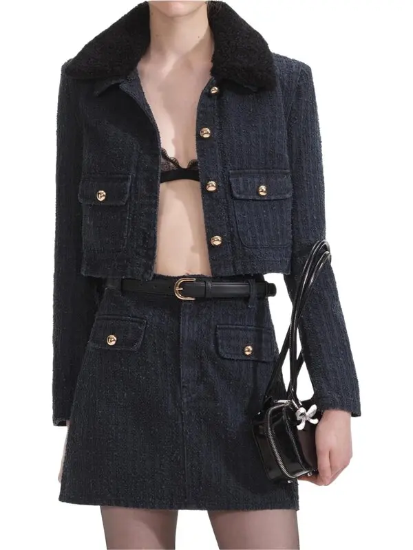 SELF-PORTRAIT Textured Denim Jacket With Button Details - Grey