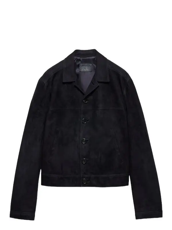 Prada Suede Blouson Jacket With Leather Triangle Logo - Navy