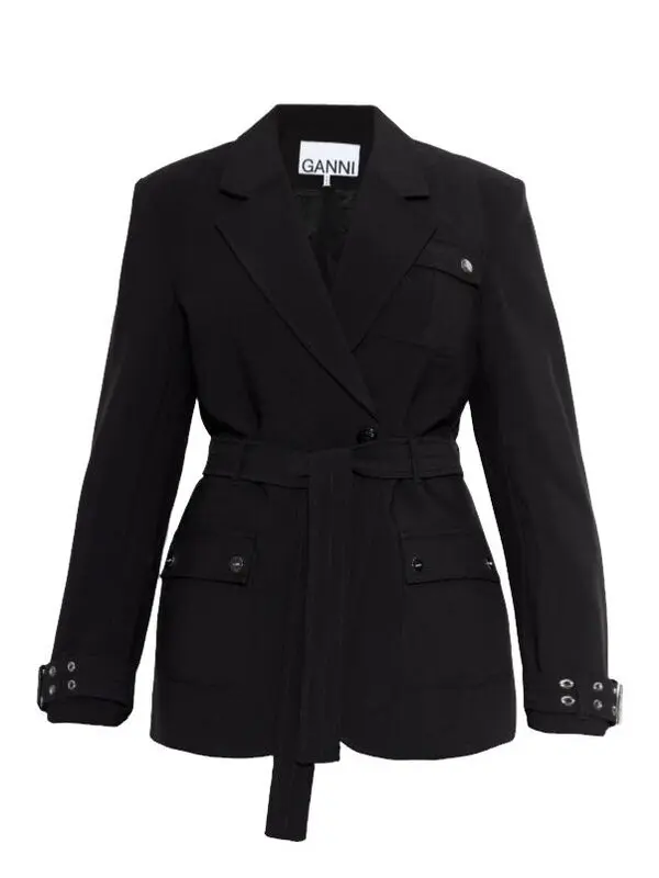 GANNI Notched Lapel Belted Jacket - Black