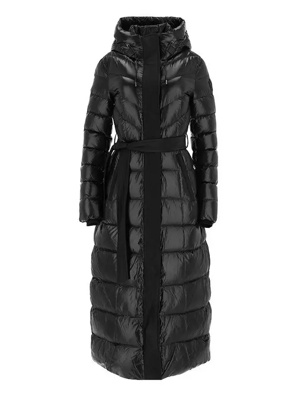 Mackage Calina Lustrous Down Maxi Coat With Drawstring Hood And Belted Waist - Black