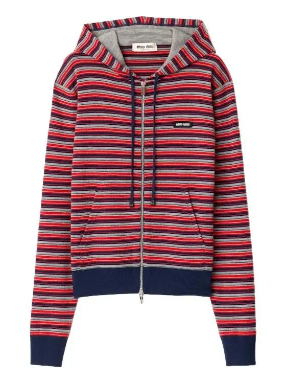 Miu Miu Striped Wool Zip-up Hoodie Jacket - Red