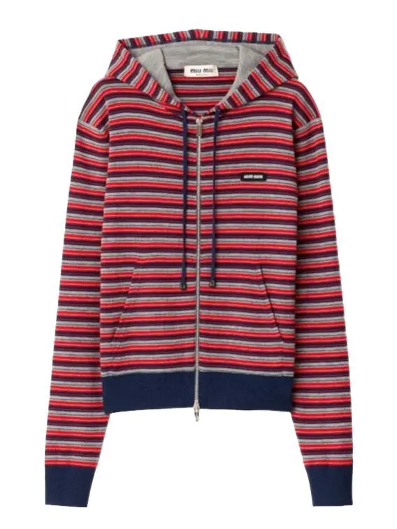 Miu Miu Striped Wool Zip-up Hoodie Jacket - Red